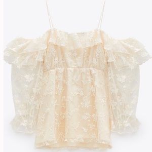 Zara | Tops | Nwt Zara Cream Vanilla Embroidered Ruffle Floral Off ...